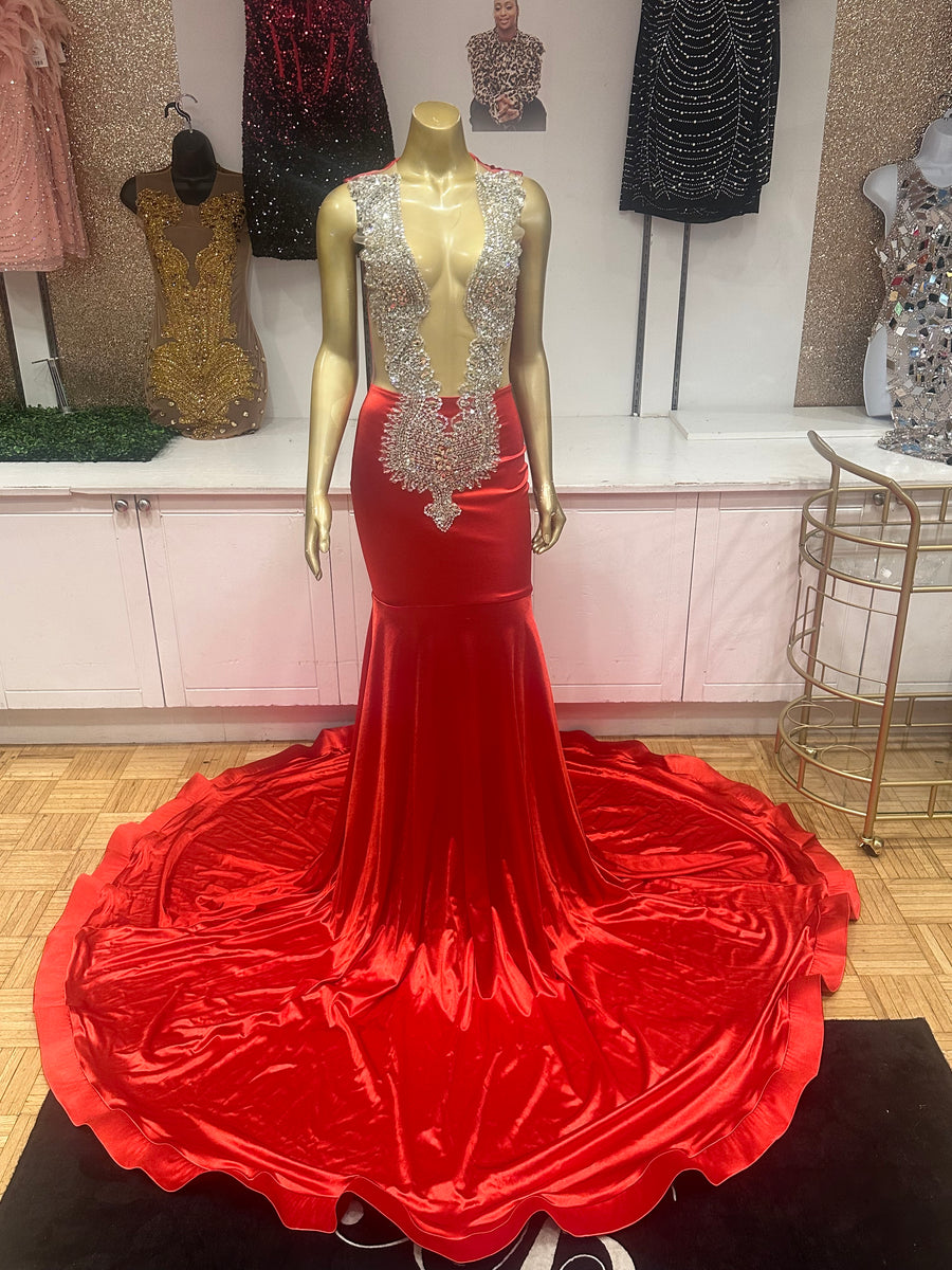 Premade Custom Prom Gown Neon Red Satin Rhinestone Gown – She Addicted ...